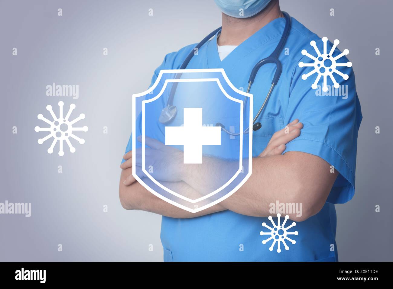 Strong immunity, concept. Doctor and illustration of shield and viruses ...