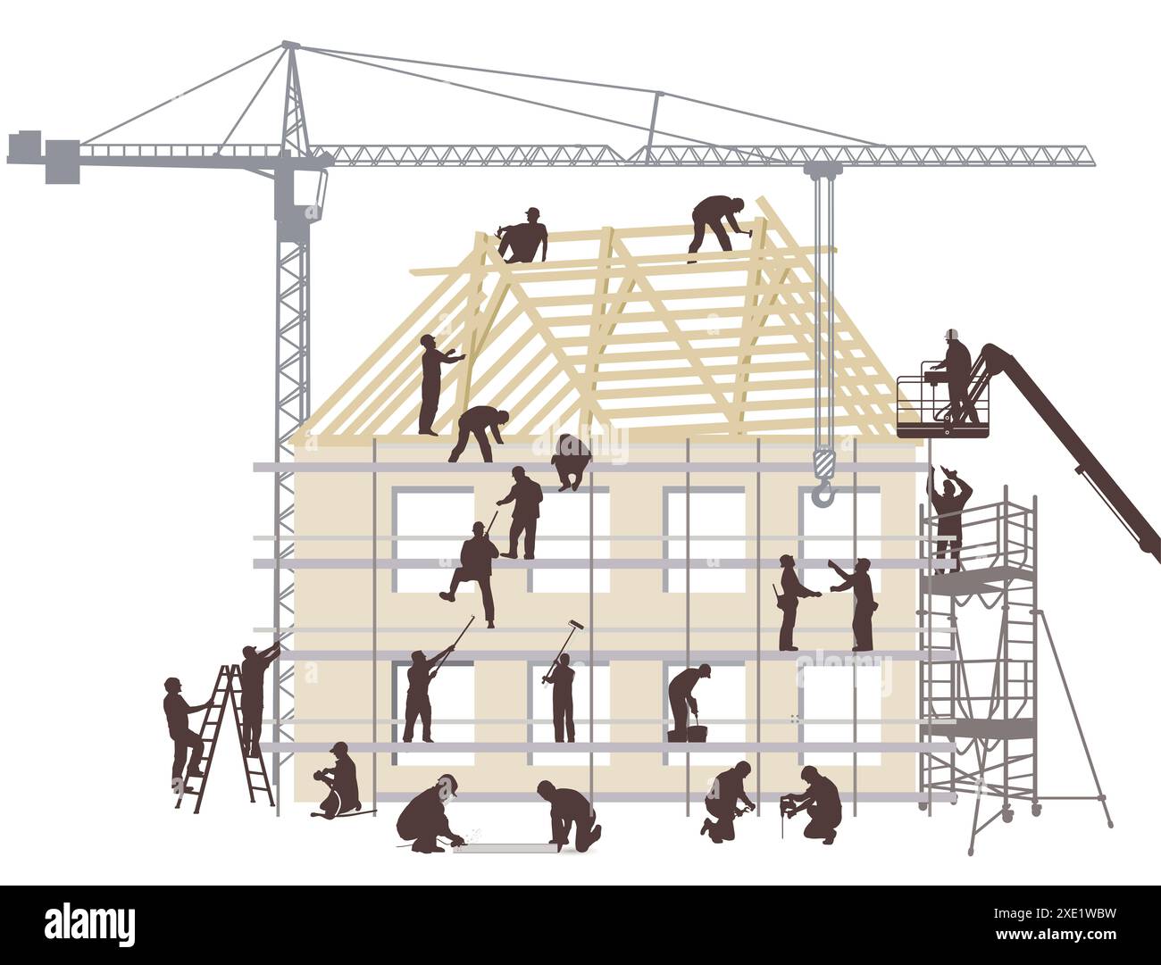 House construction with crafts and builders, carpenters illustration ...