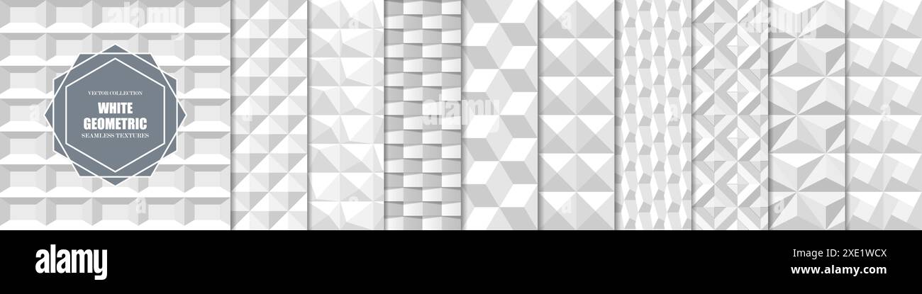 Collection of decorative seamless geometric 3d patterns. White and gray ...
