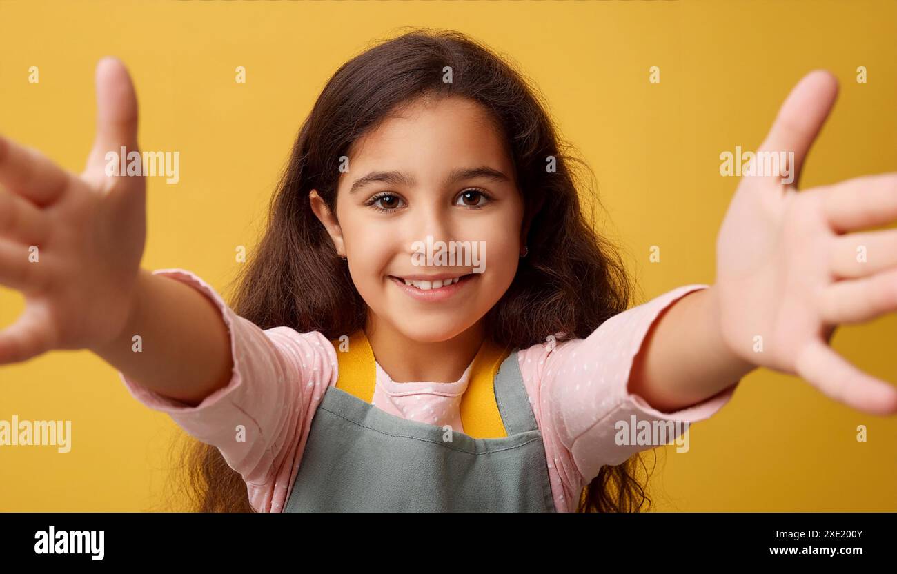 Smiling girl reaching out her hands towards the camera to hug. on a ...