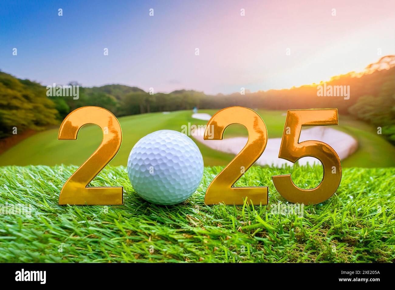 New year 2025 with golf ball with out of focus goal field in background ...