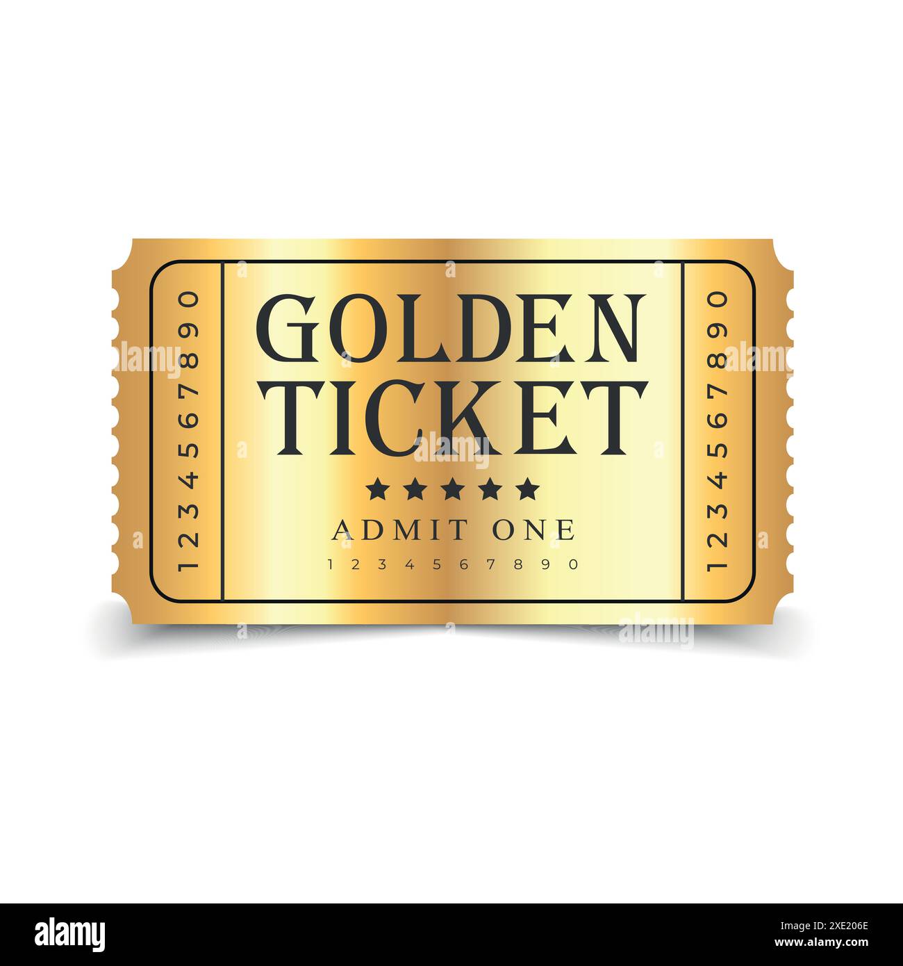 Golden ticket template isolated on white background. Festival, cinema, theater, concert, casino ...