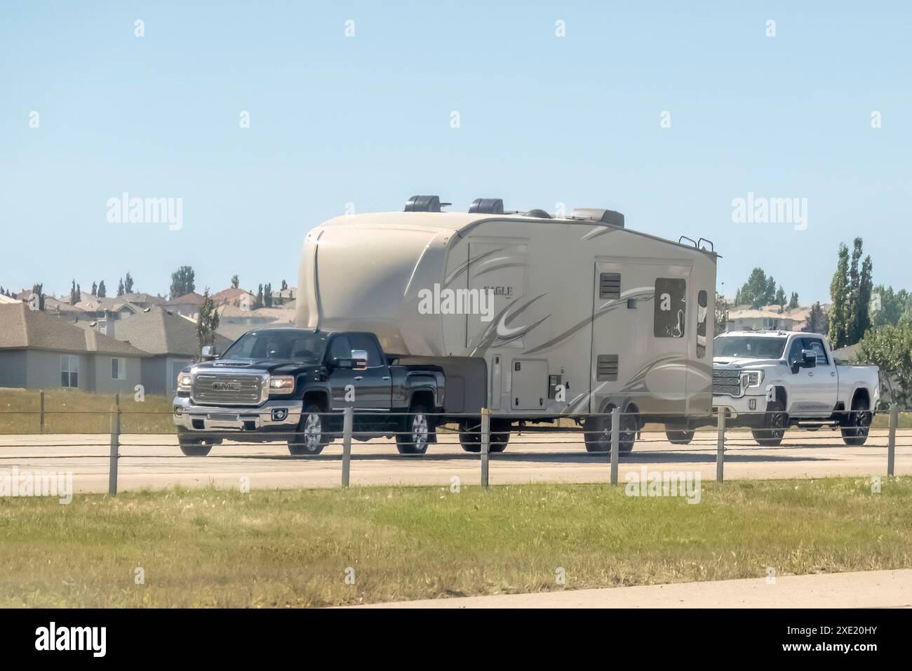 Calgary, AB, Canada. Aug 13 ,2023. A pickup truck towing a RV trailer ...