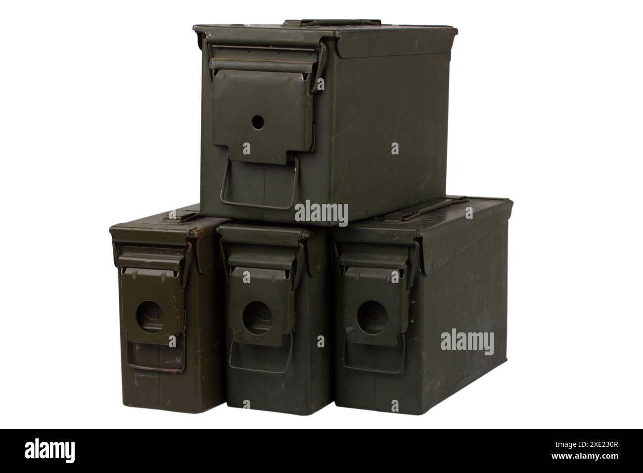 US army green metal .30 cal and .50 cal ammo boxes isolated on white ...