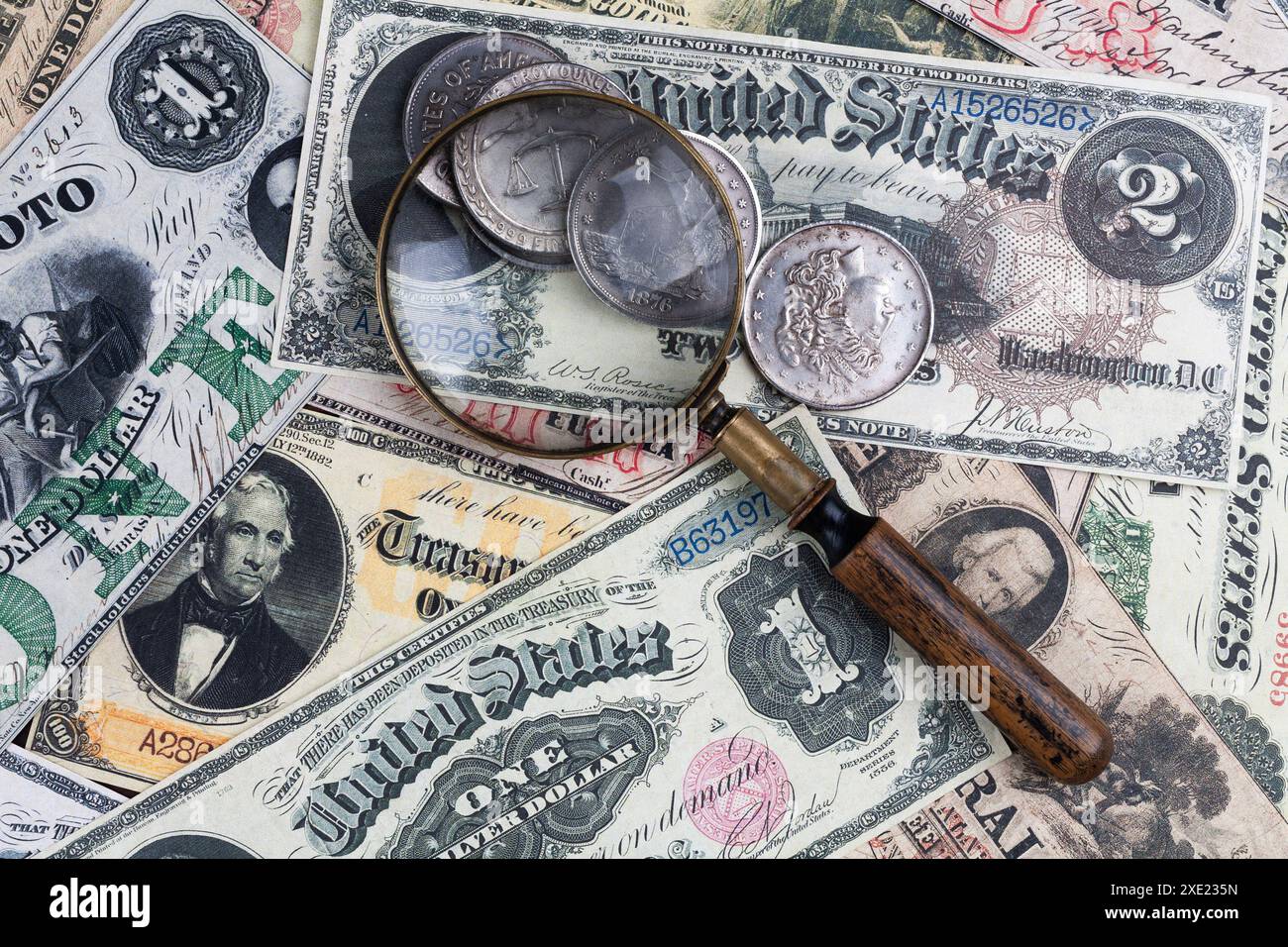 Retro vintage US banknotes and silver certificates with silver dollar ...