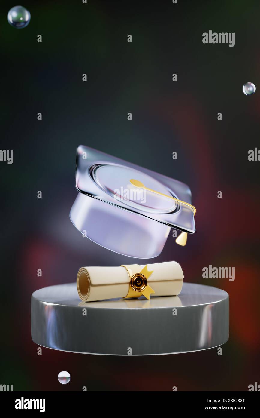 Glass graduation cap and diploma on a pedestal with a dark background ...