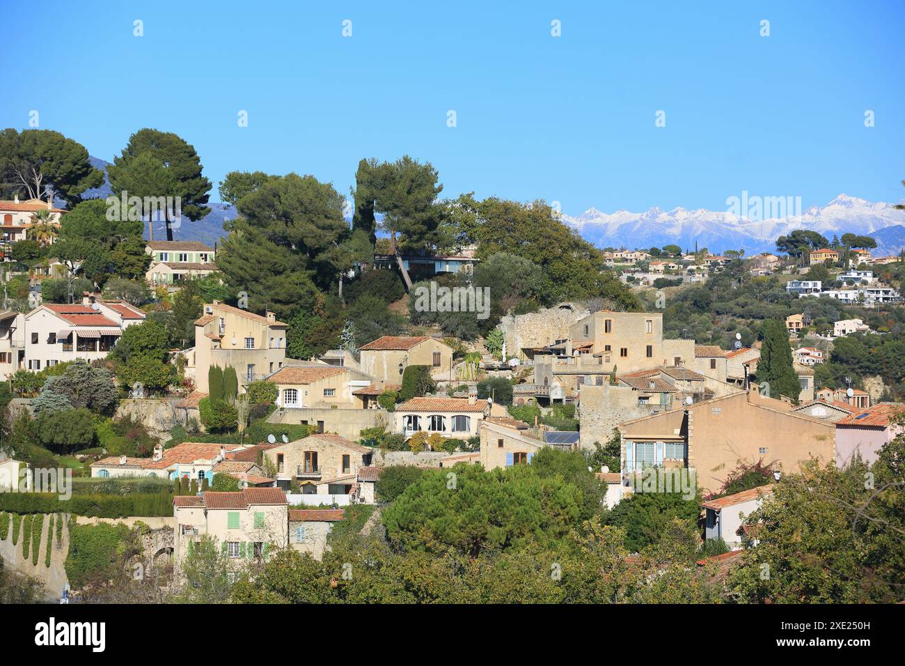 Landscape and villa from the village of Cagnes sur mer with the snowed ...
