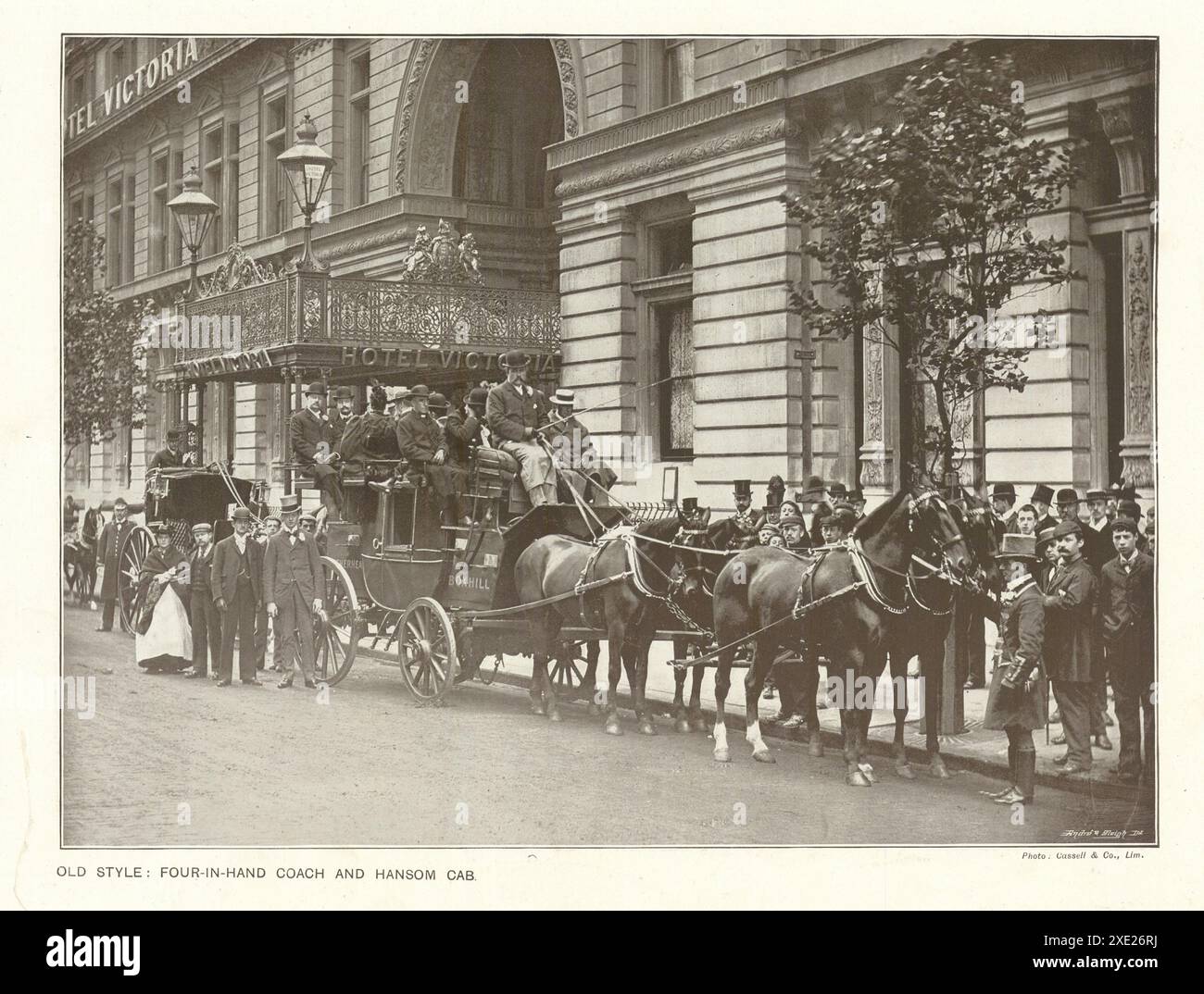 Old style : four-in-hand coach and hansom cab. Outside Hotel Victoria ...