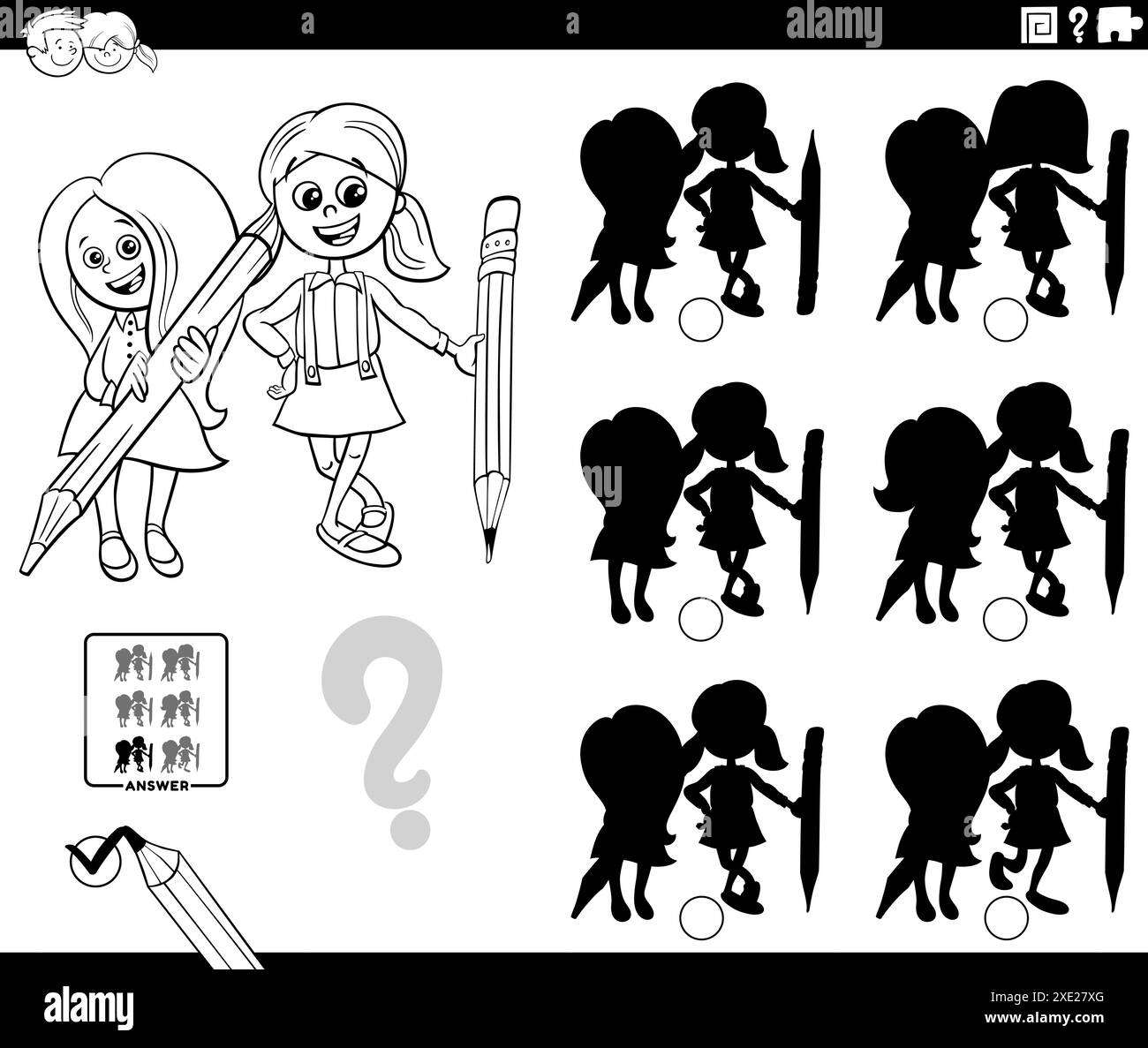 Educational shadows game with two girls and pencils coloring page Stock ...