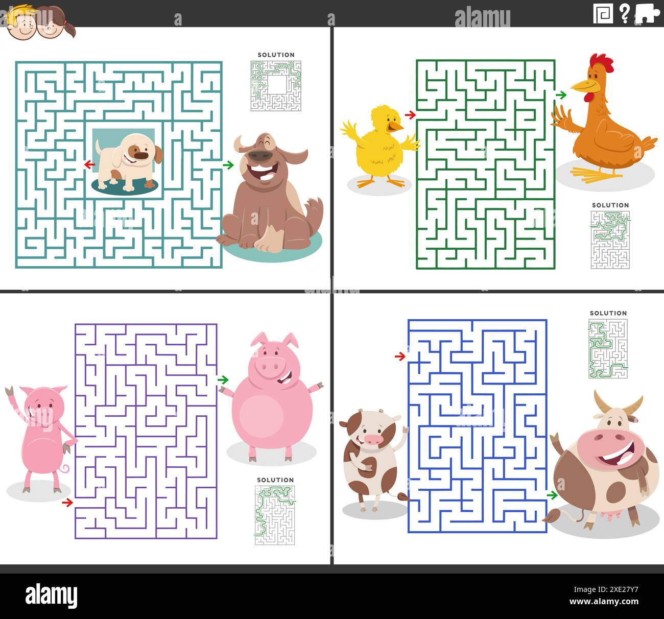 Cartoon illustration of educational maze puzzle activities set with ...