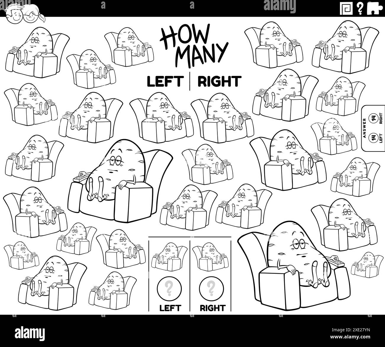 Counting pictures of comic couch potato coloring page Stock Photo - Alamy