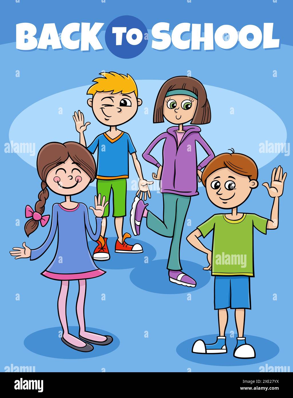 Cartoon children characters with back to school caption Stock Photo - Alamy