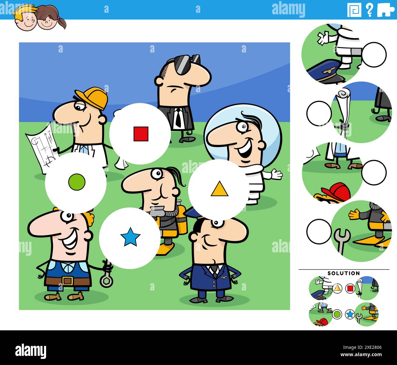 Match pieces activity with cartoon people occupations Stock Photo - Alamy
