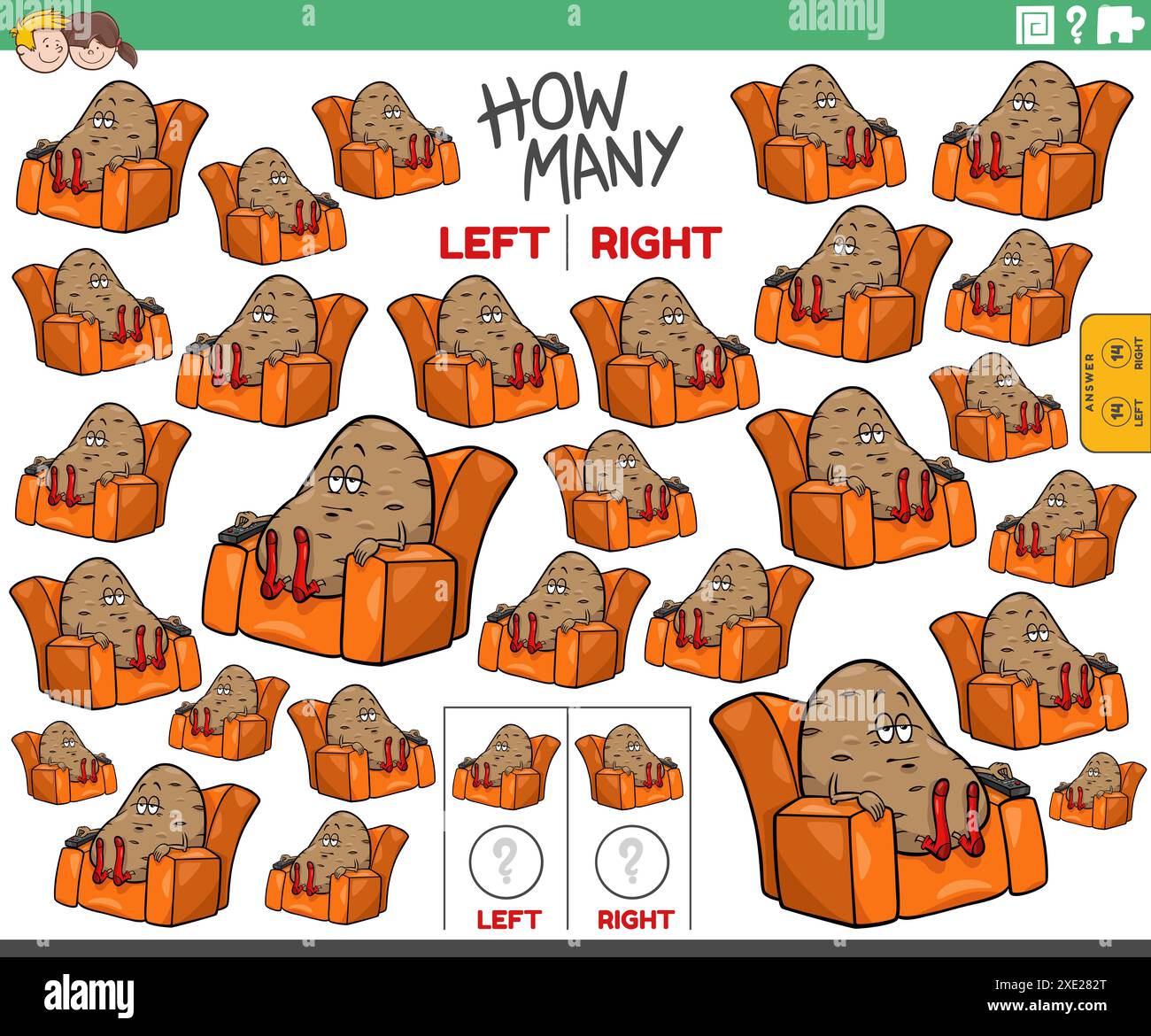 Counting left and right pictures of comic couch potato Stock Photo - Alamy