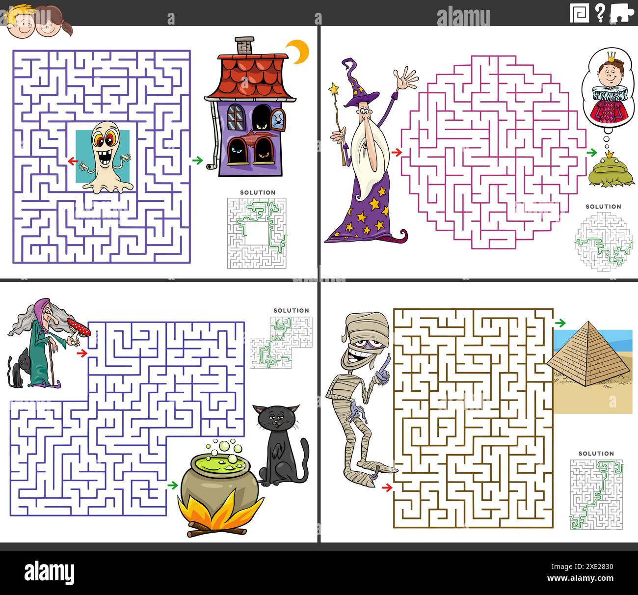 Maze activities set with cartoon fantasy characters Stock Photo - Alamy