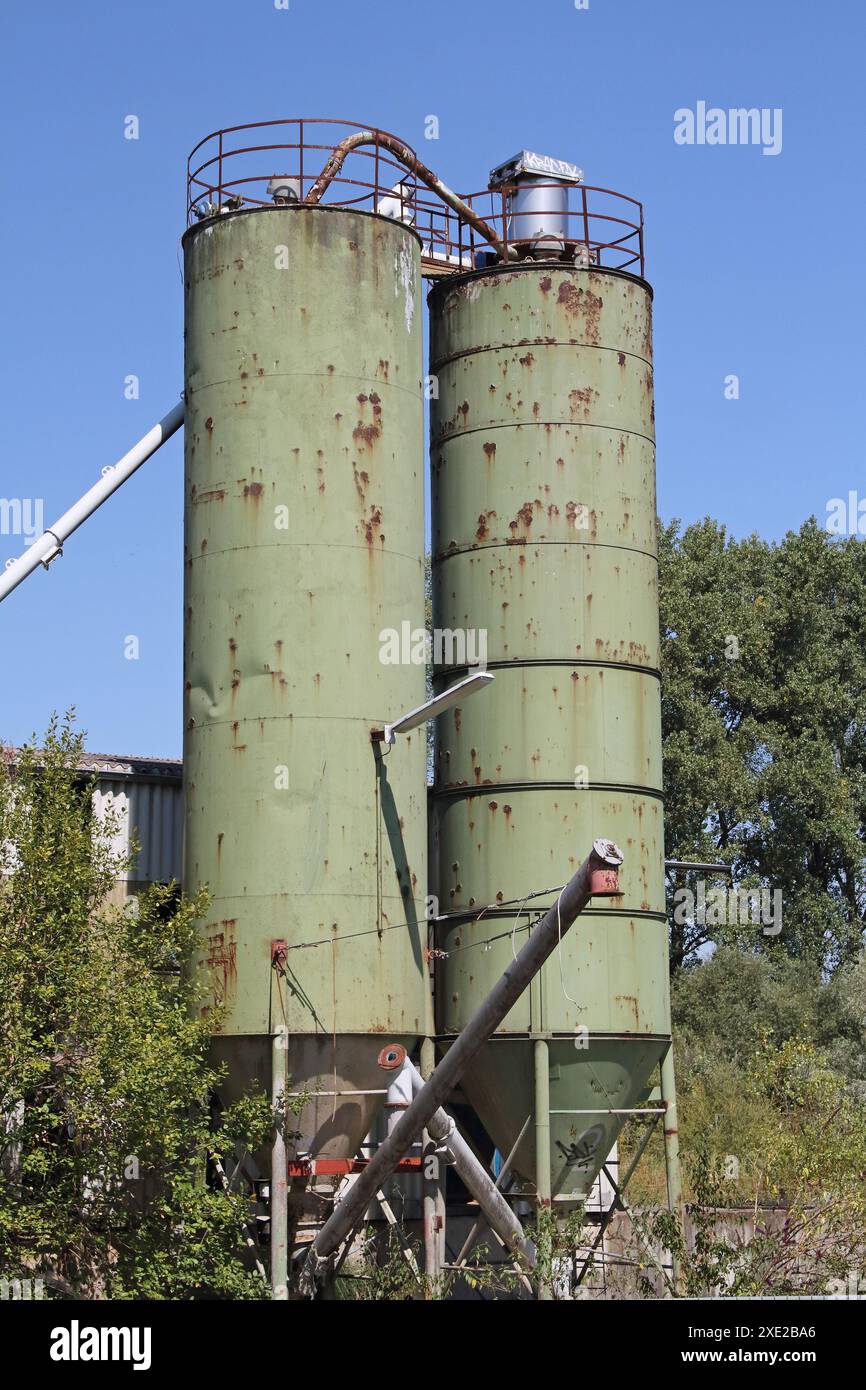 Two raw material silos on an abandoned factory site in Speyer Stock ...