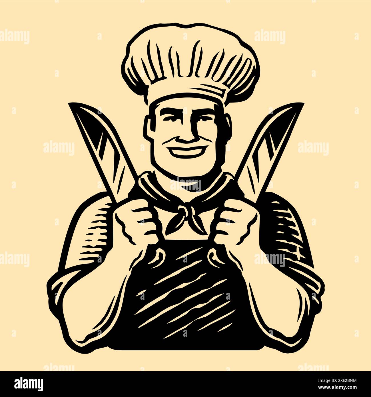 Butcher shop logo. Happy smiling chef with knives. Male cook in hat ... Butcher shop logo. Happy smiling chef with knives. Male cook in hat ...