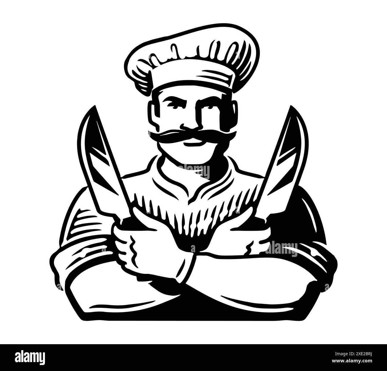 Chef with kitchen knives in his hands. Male cook in hat emblem. Vector ...