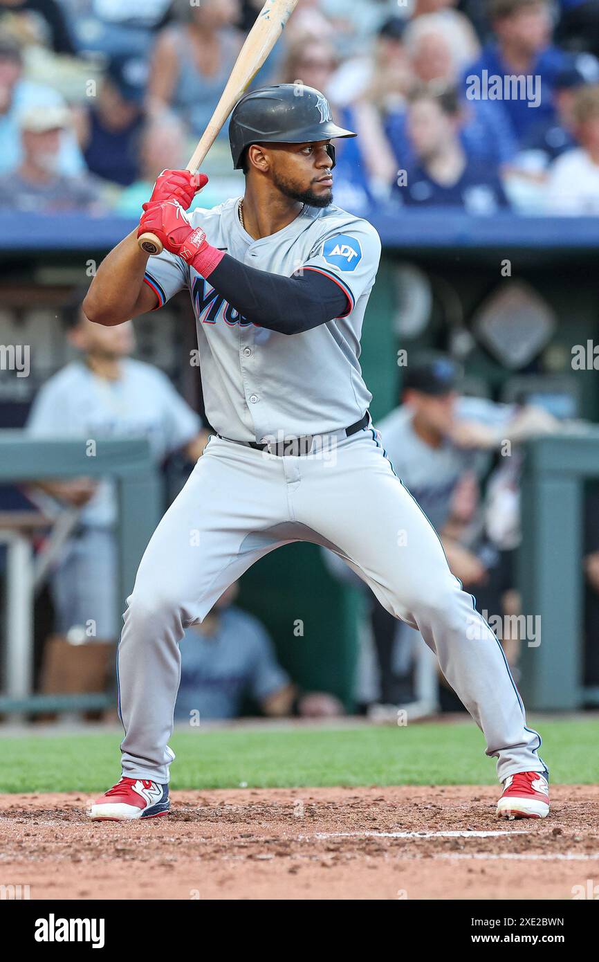 Kansas City, MO, USA. 24th June, 2024. Miami Marlins second baseman ...