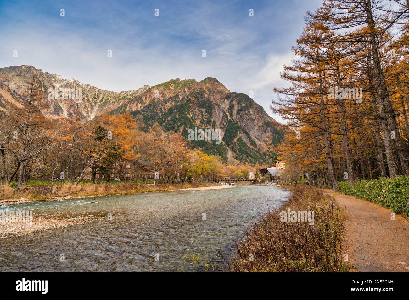 Nature landscape at Kamikochi Japan, autumn foliage season with pond ...