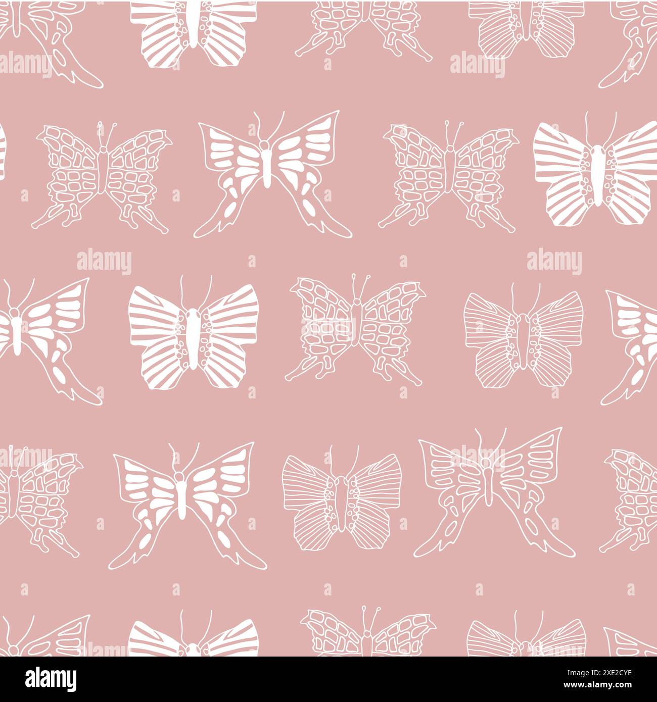 Vector repeating pattern with white outlines butterflies, on pink ...