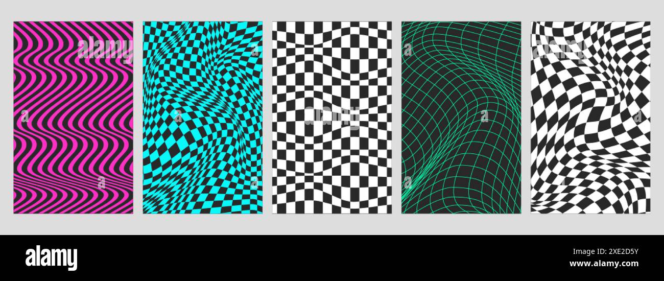 Psychedelic checkerboard backgrounds set with geometry wireframe grid ...