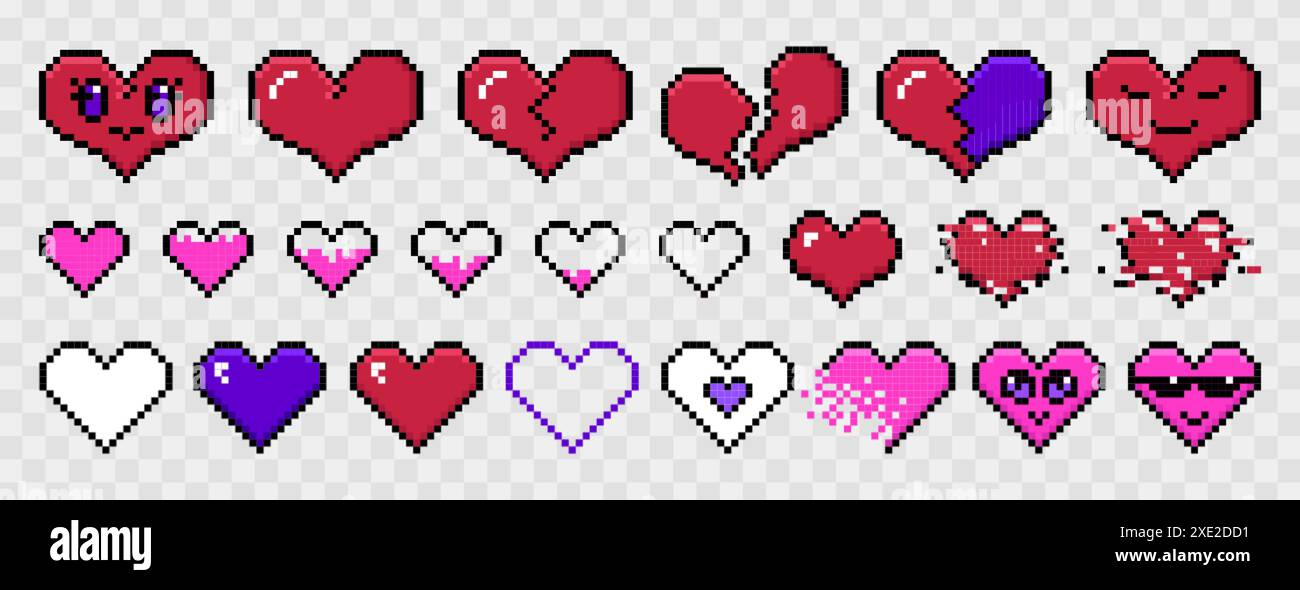 Set of pixel heart shape isolated on transparent background. Retro game ...