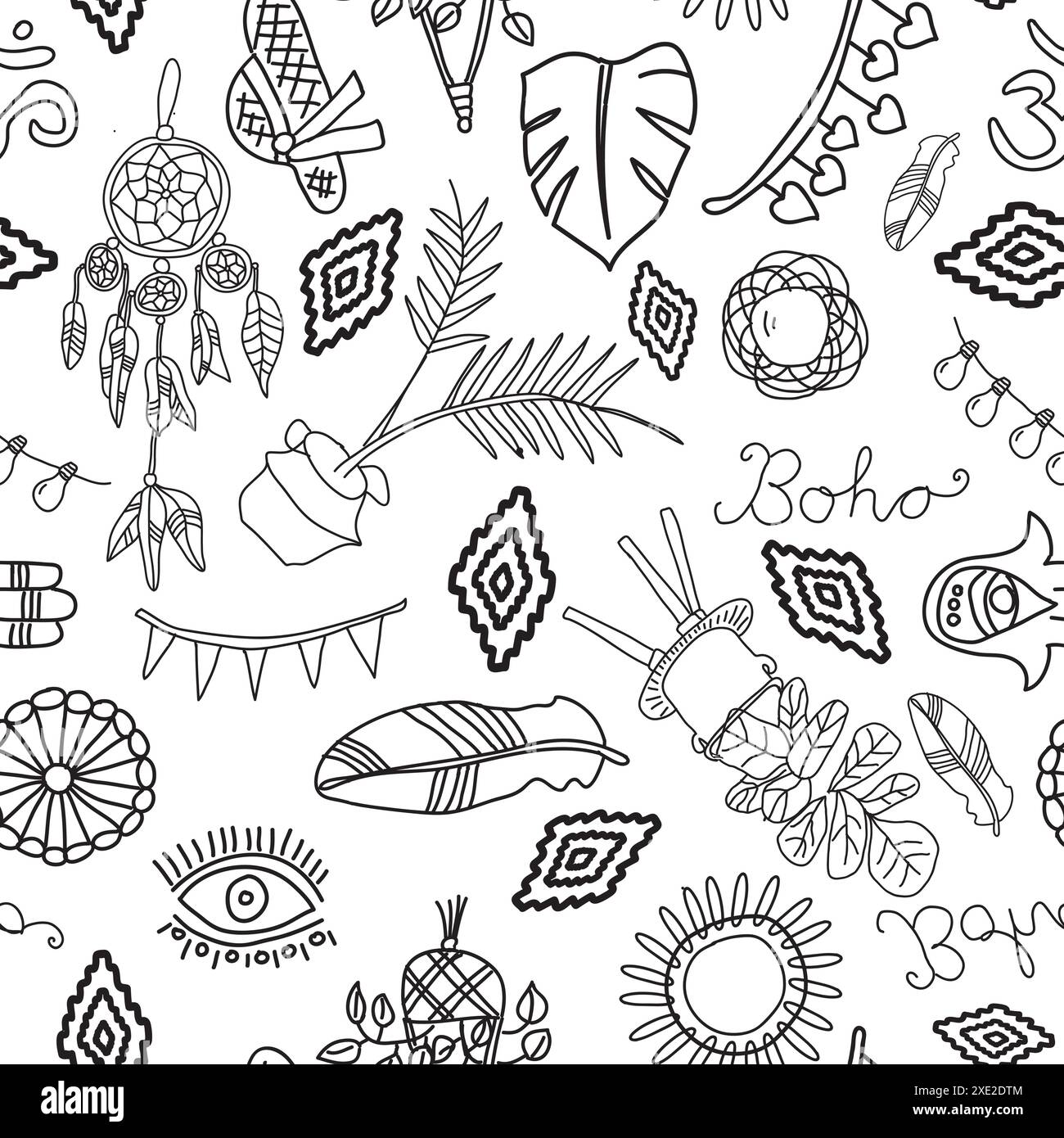 Vector Seamless Pattern with boho symbols as dreamcatcher, feather, eye ...