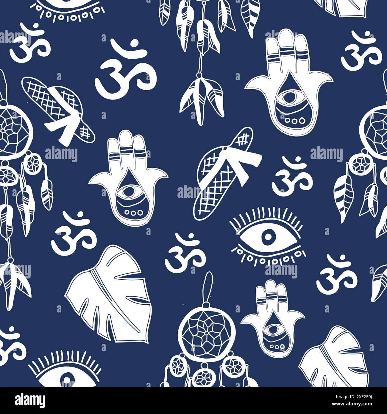Vector seamless pattern, Ornamental Boho Style Elements, hamsa hand, om ...