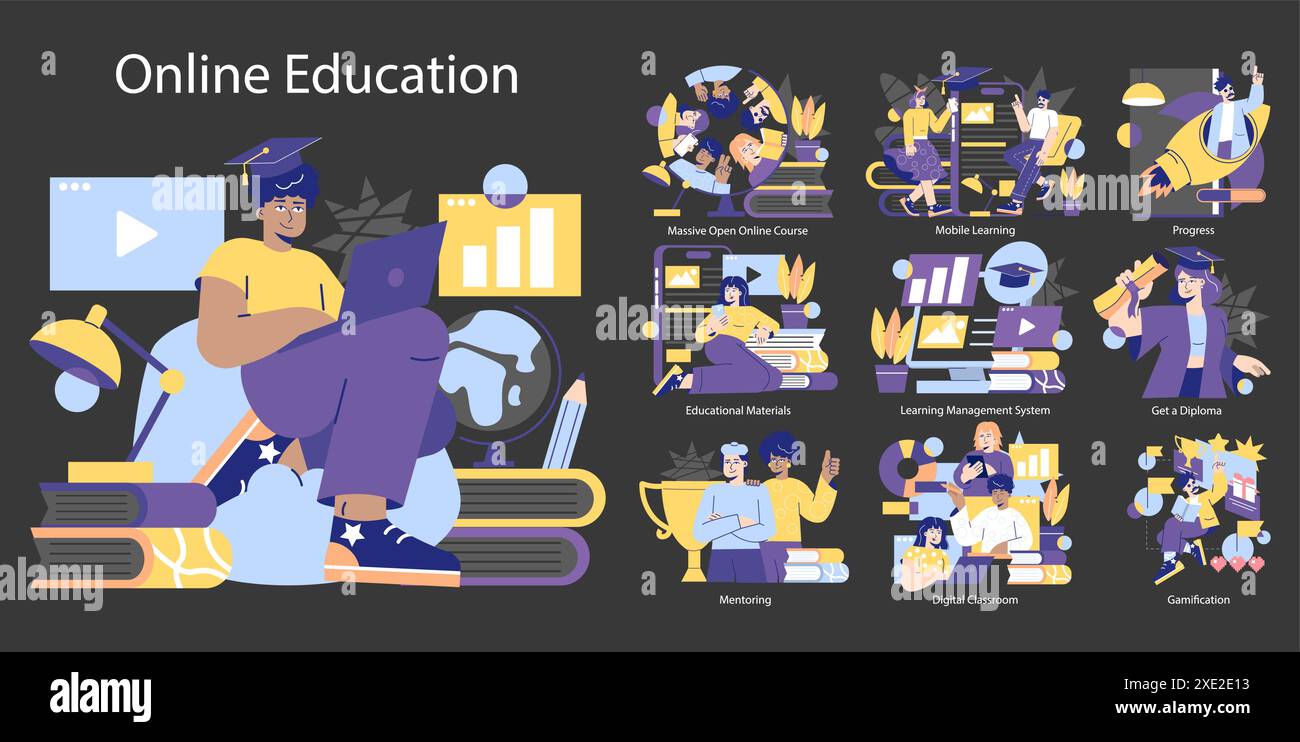 Online Education concept. A compilation of virtual learning elements ...