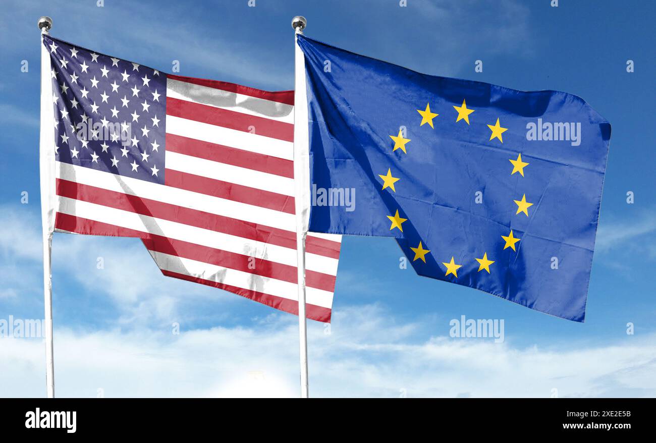 Double Flag EU and USA Waving Flags with Textured Background Stock Photo - Alamy