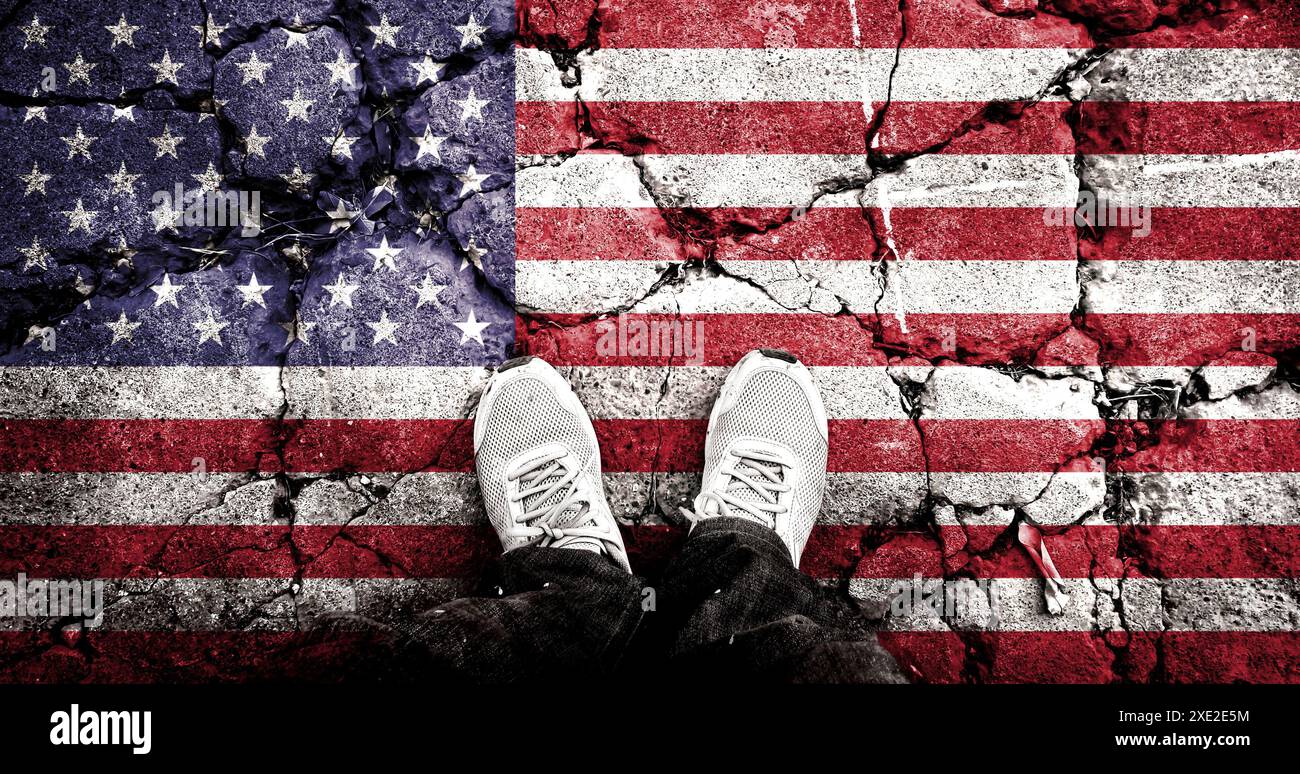 Double exposure of American flag with cracks in gravel. A symbol of the ...
