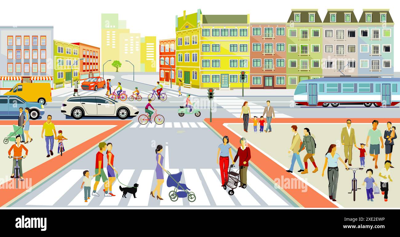 Road traffic with pedestrians and crosswalk, illustration Stock Photo ...