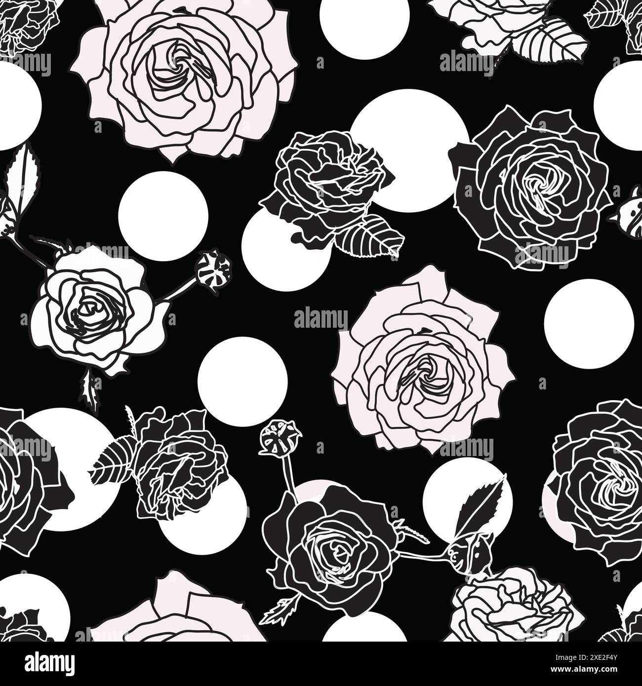 Vector seamless pattern, black and white rose blossom and white dots on ...