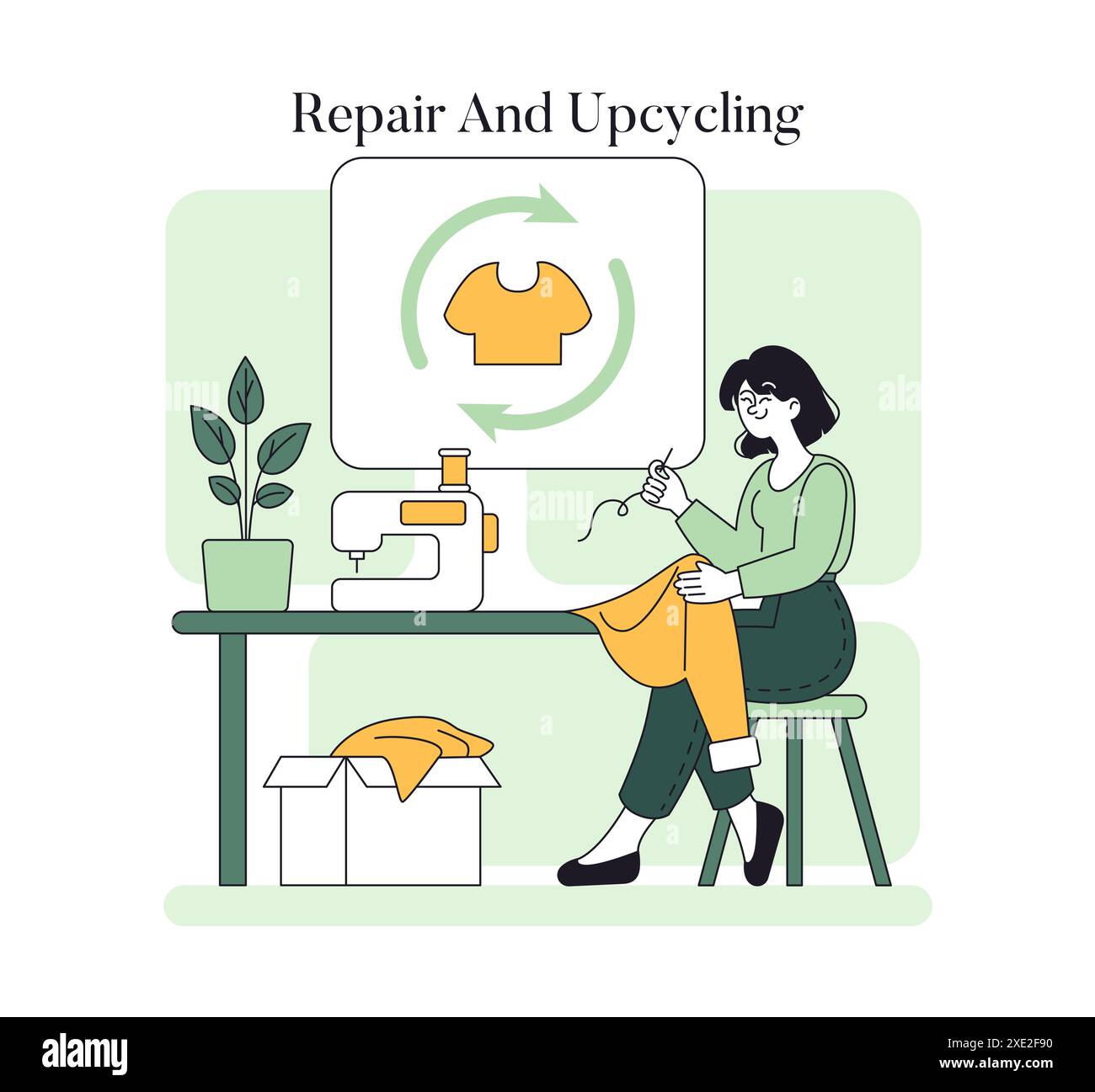 Sustainable Fashion concept. Woman sewing to repurpose clothing, emphasizing the eco-friendly ...