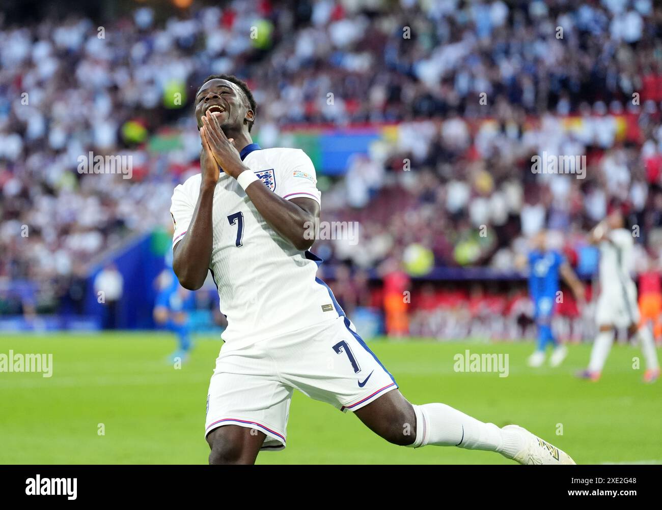 England's Bukayo Saka reacts to an offside goal during the UEFA Euro ...