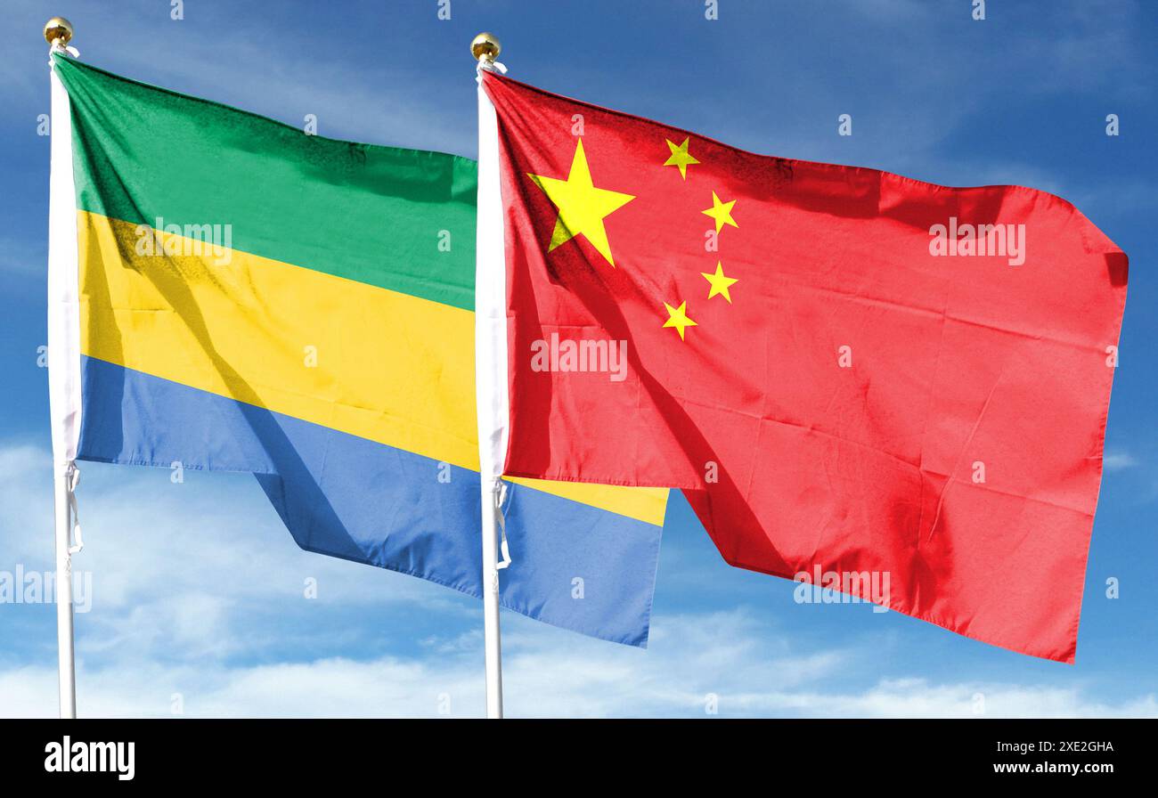 Flag of China and Republic of Gabon on cloudy sky. waving in the sky ...
