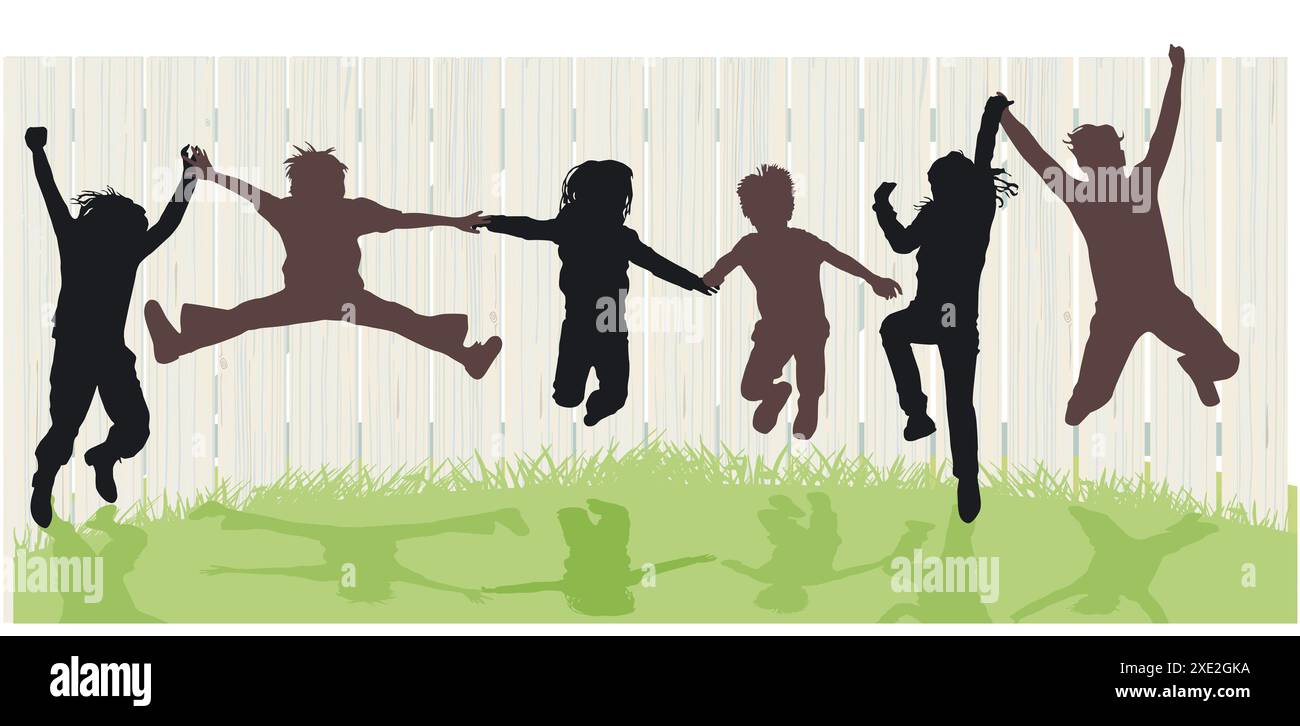 A group of children jumping happily together, illustration Stock Photo ...