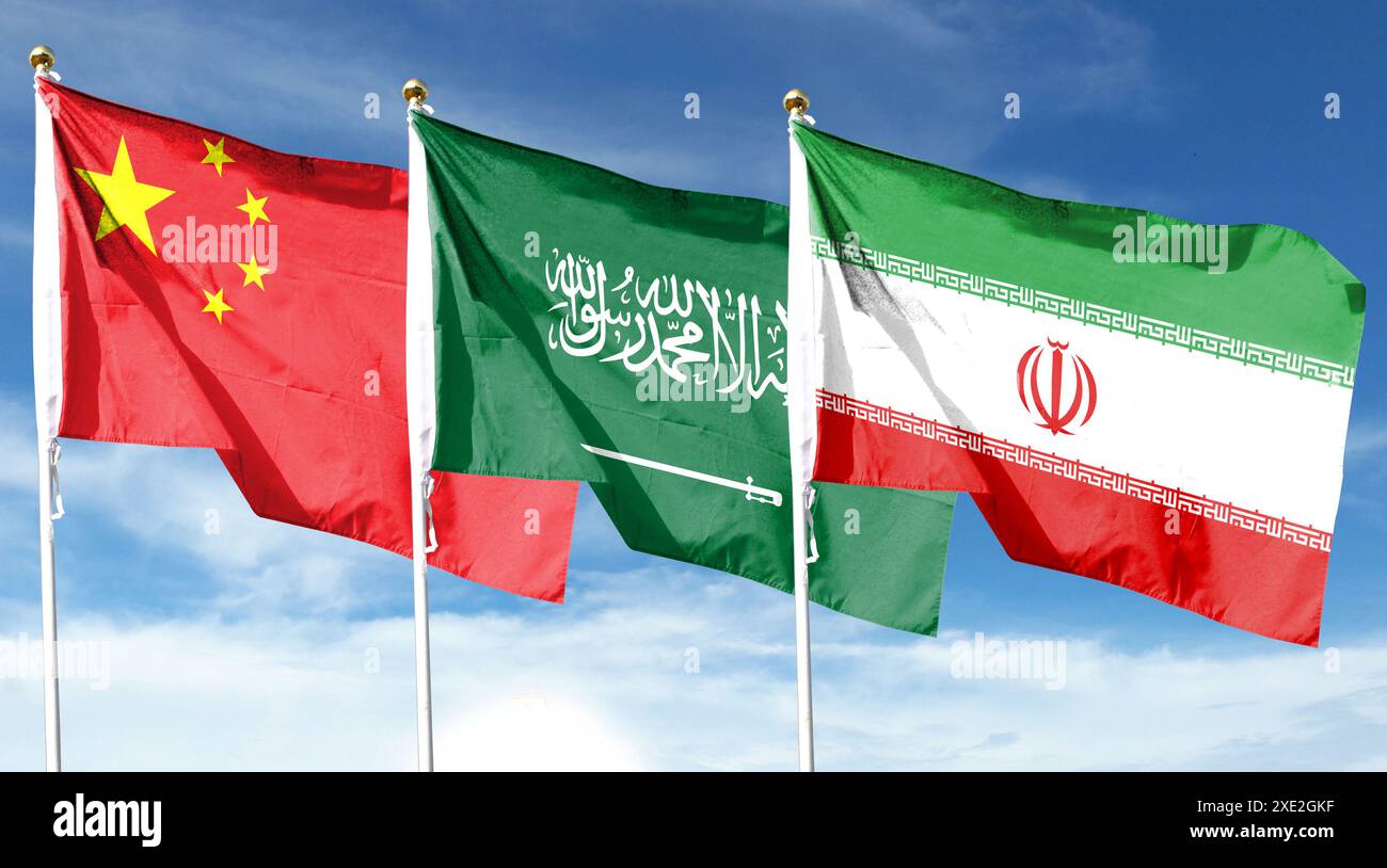 China flag with saudi arabia flag and iran flag on cloudy sky. waving ...