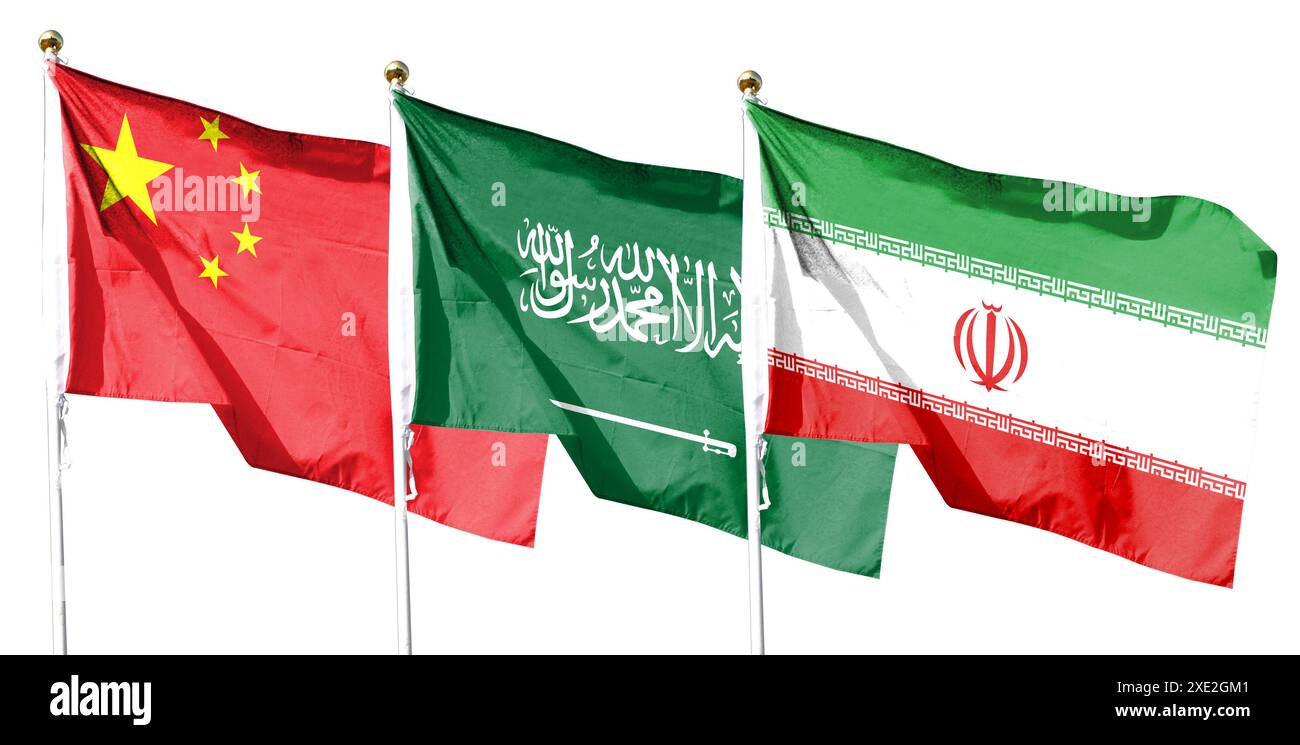 China flag with saudi arabia flag and iran flag on cloudy sky. waving ...