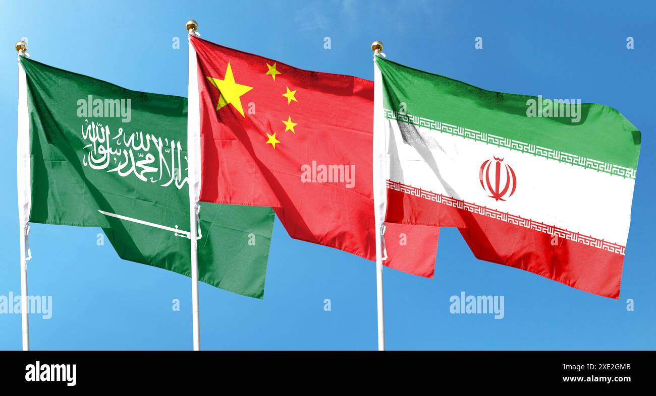 China flag with saudi arabia flag and iran flag on cloudy sky. waving ...