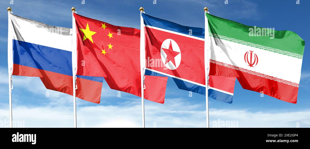 The Russian flag, the Chinese flag, the northern Korean flag and the ...