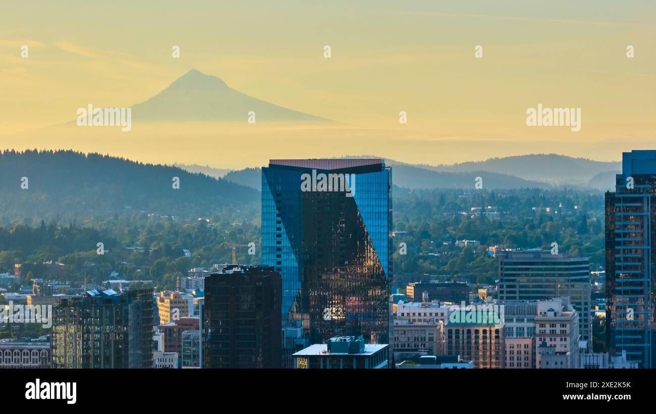 Aerial View of Portland Skyline with Mount Hood at Golden Hour Stock ...
