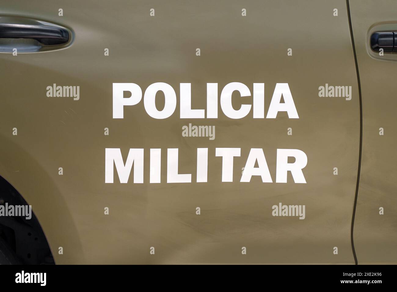 Inscription MILITARY POLICE on the door of a Spain Army patrol car in ...