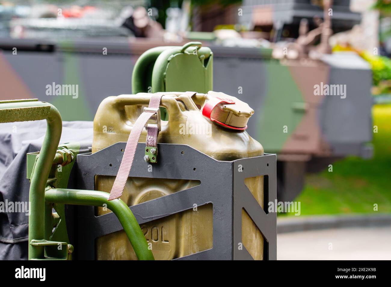 Fuel canister secured to a military vehicle with a strap close up Stock ...