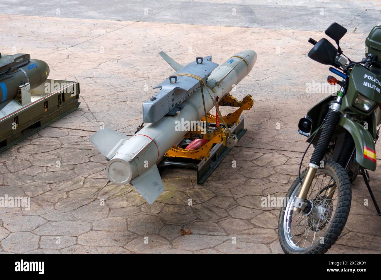 Oviedo, Spain - May, 25, 2024: A gray training missile on a yellow ...