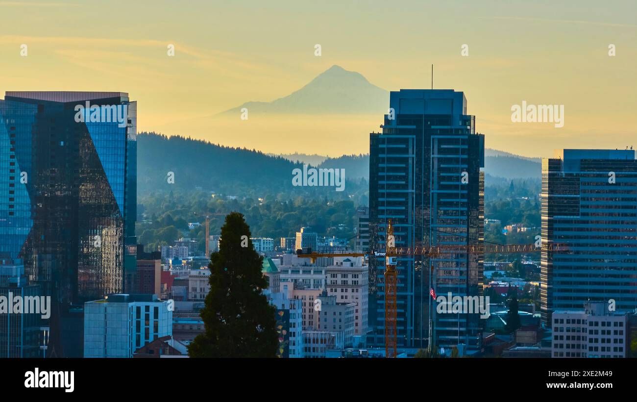 Aerial Sunrise Over Portland Skyscrapers and Mount Hood Stock Photo - Alamy