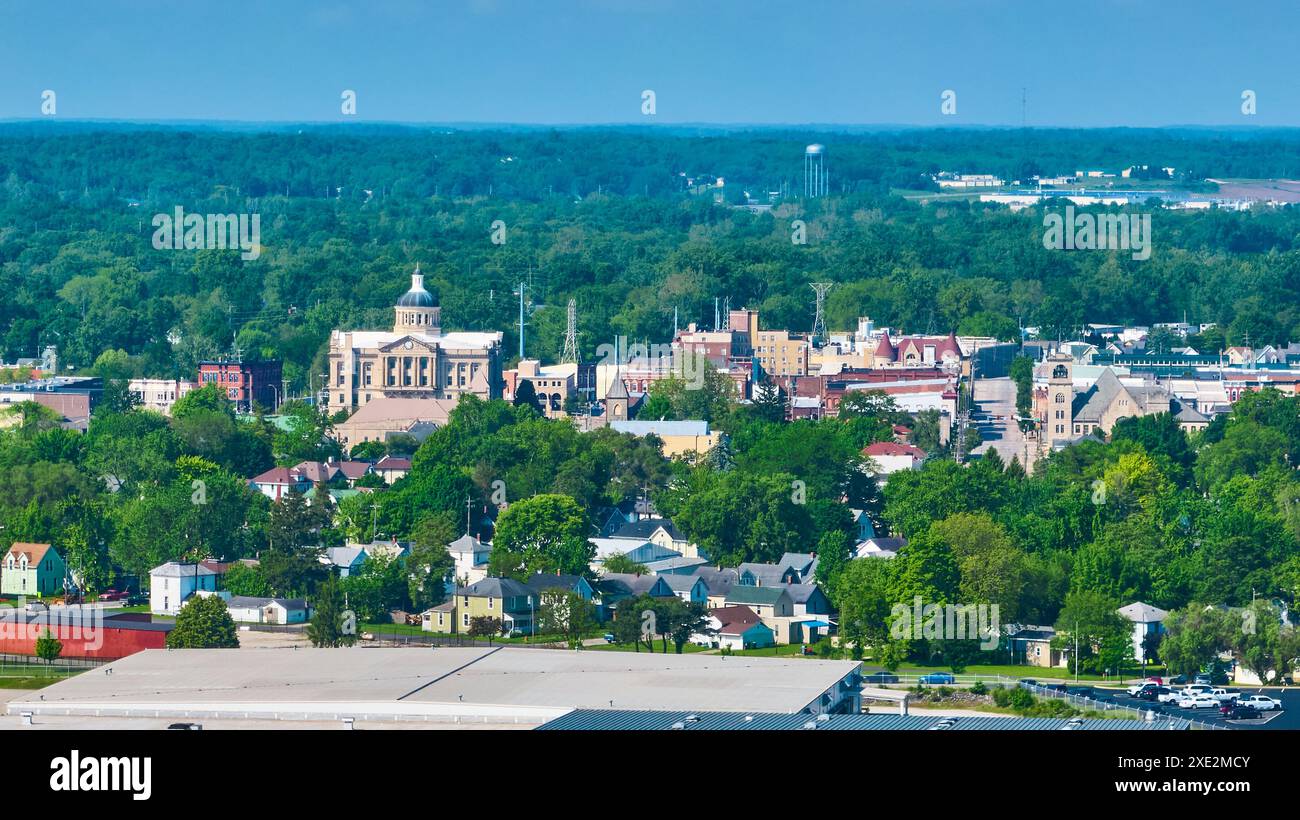 Aerial View of Huntington Courthouse and Downtown in Rural Indiana ...