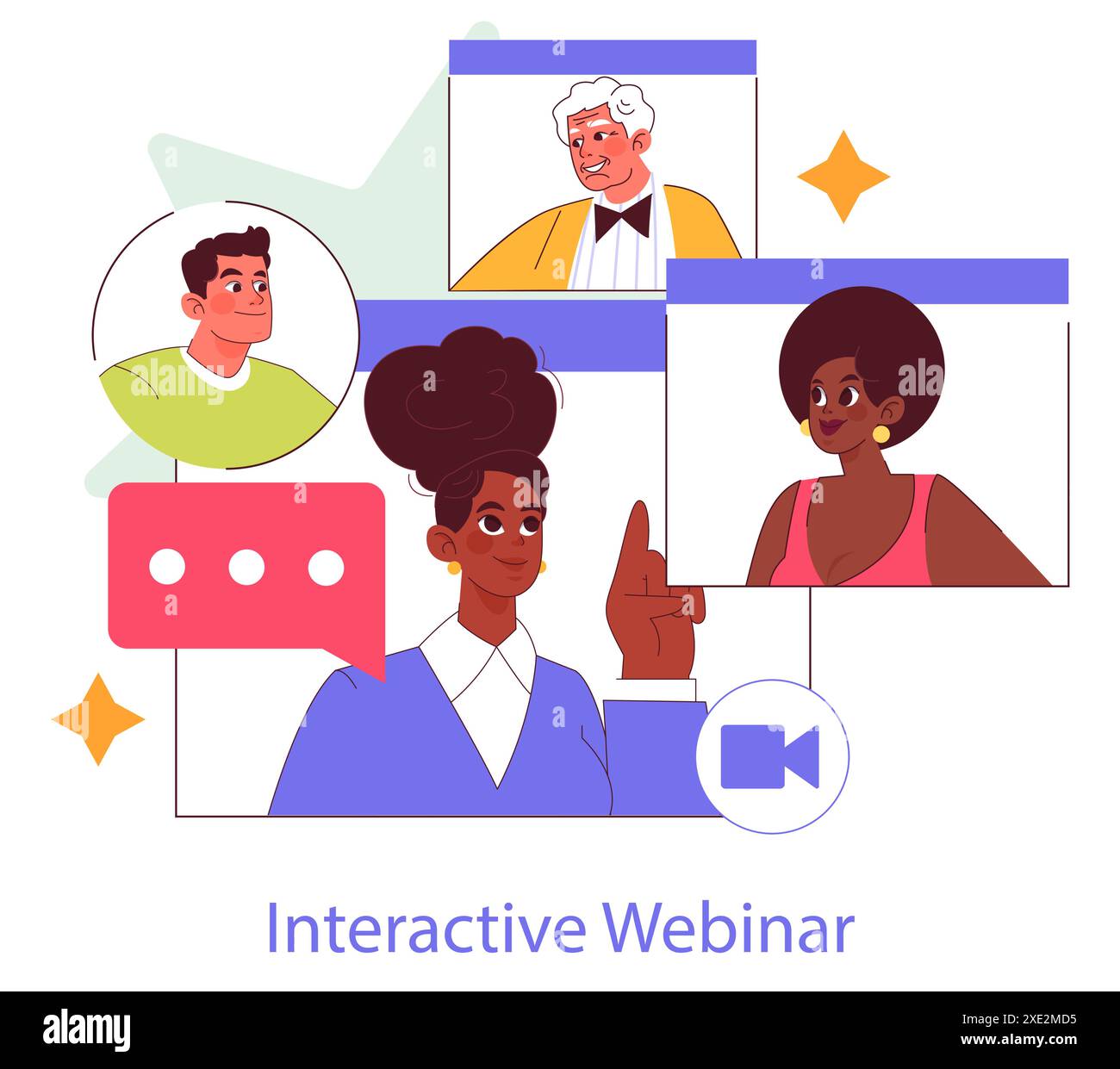 Interactive Webinar concept. Professionals engage in a dynamic online discussion. Digital ...