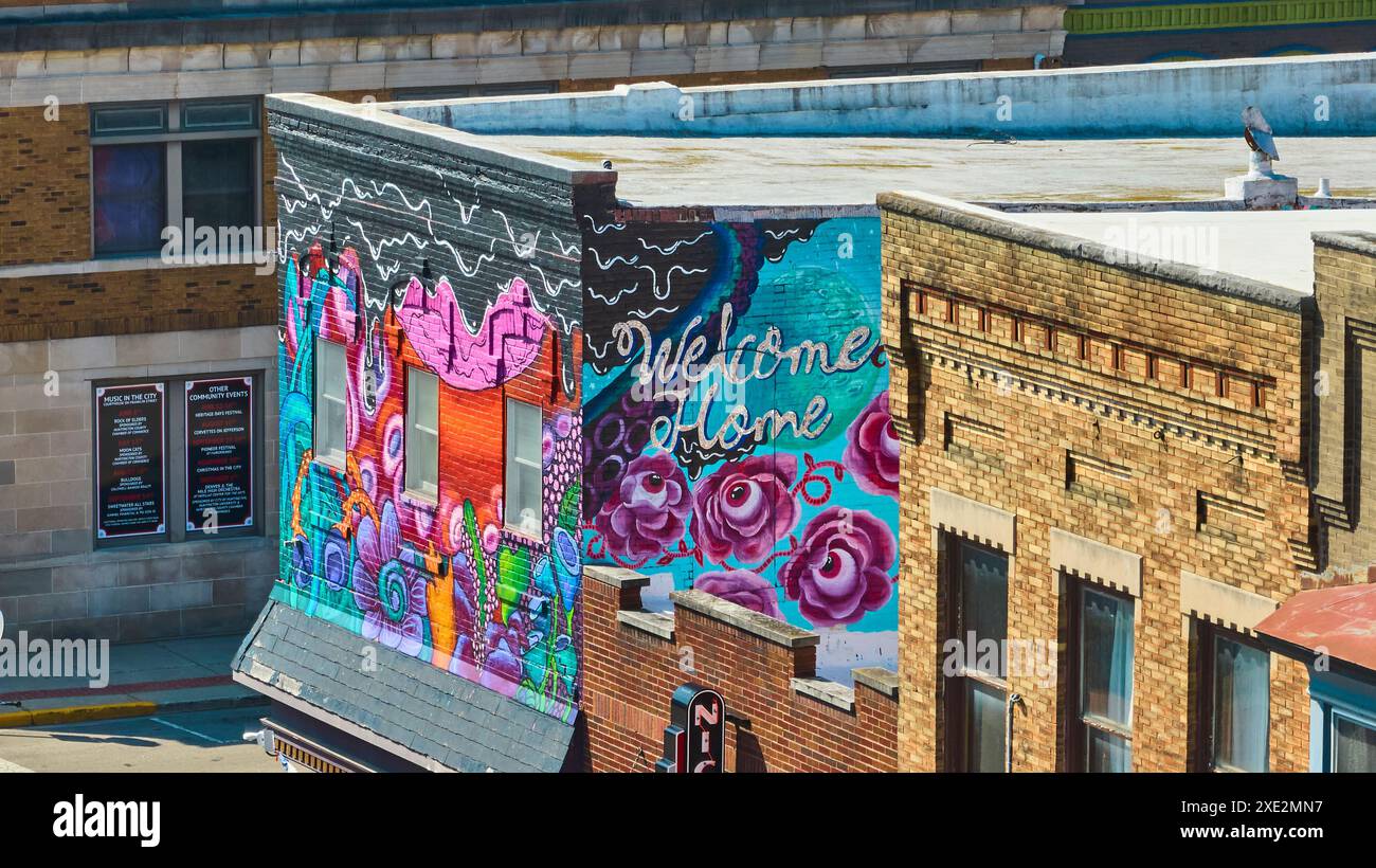 Aerial View of Colorful Mural and Downtown Huntington Indiana Stock ...